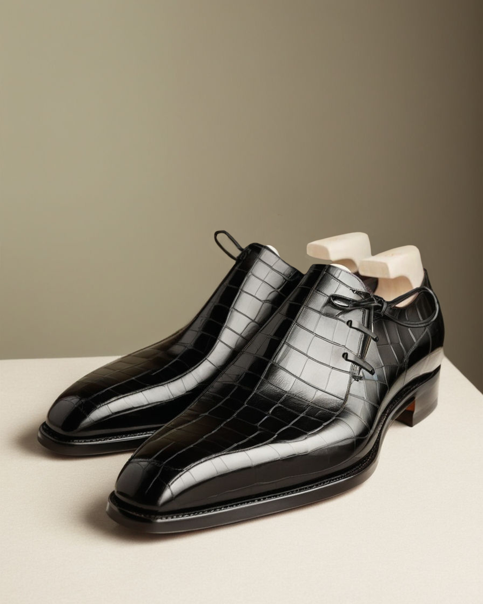 Black Croc Print Leather Camria Whole Cut Oxfords - Formal Shoes ...