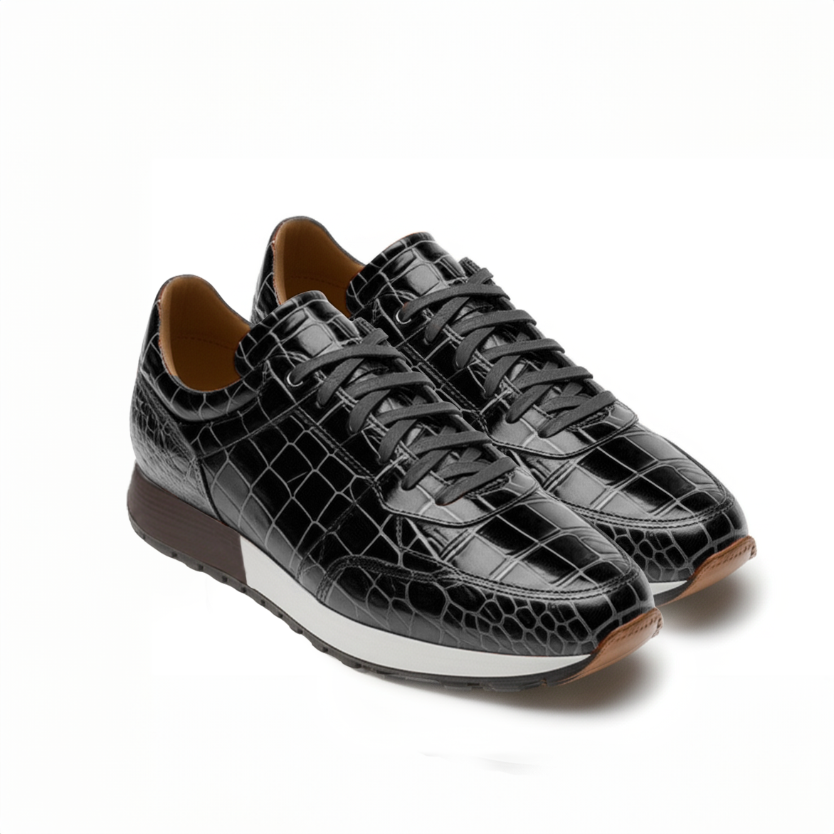 Black Croc Print Leather Nausori Lace Up Running Sneaker Shoes ...