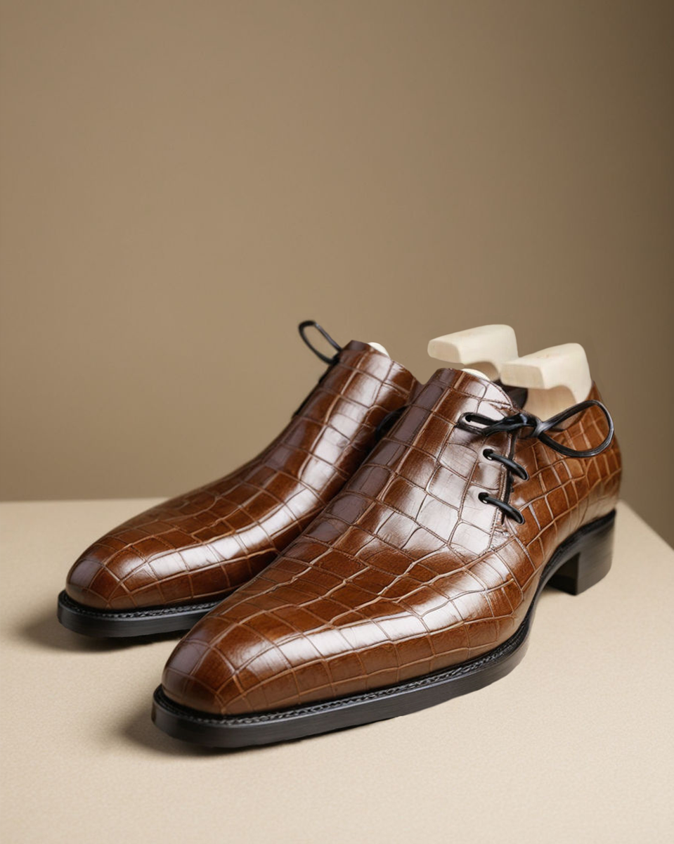 Brown Croc Print Leather Camria Whole Cut Oxfords - Formal Shoes ...