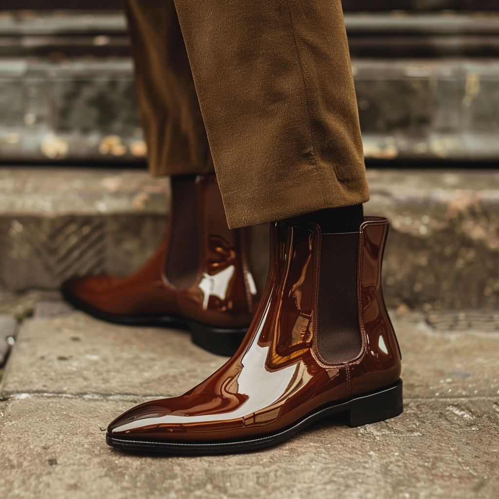Brown Patent Leather Baldovino Slip On Pointed Chelsea Boots – Costoso ...