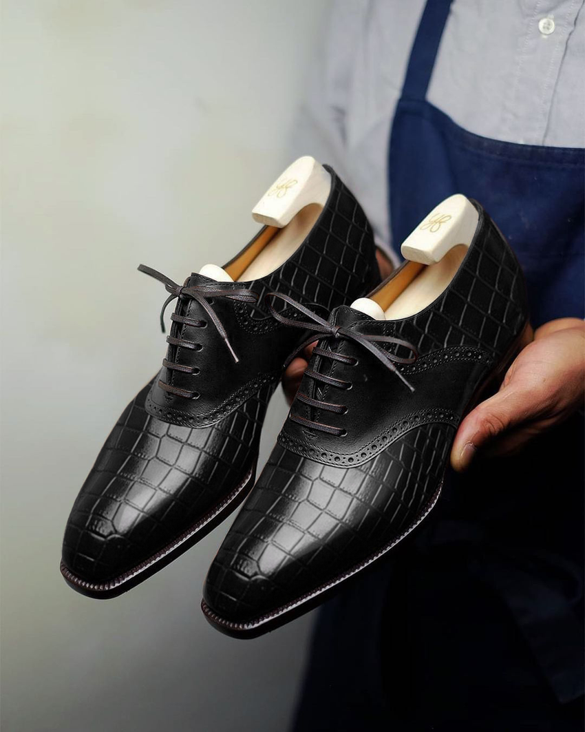 Black Croc Print Leather Elowen Brogue Oxfords - Formal Shoes - SS23 ...