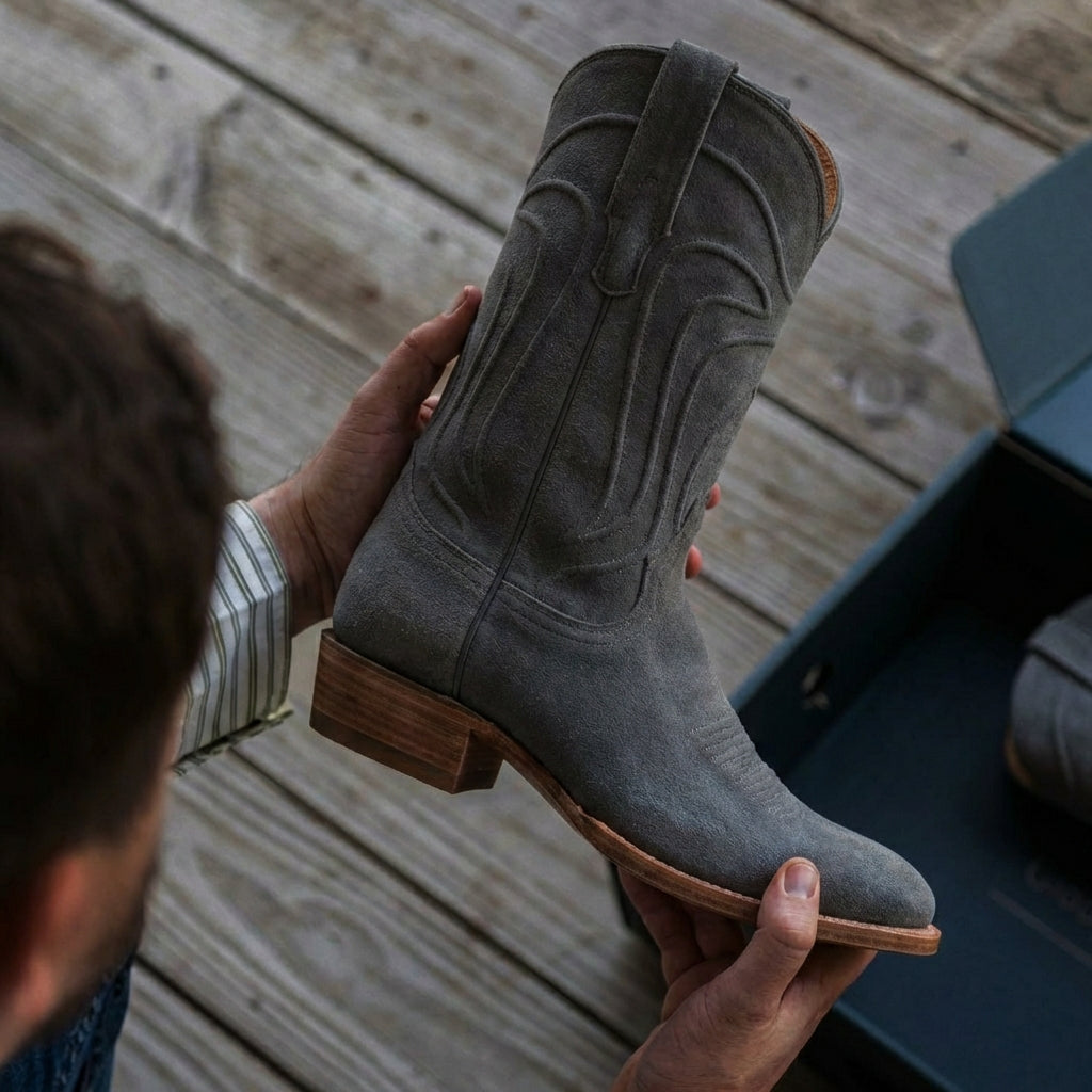 Grey Suede Leather Renovaux Slip On Zipper Western Cowboy Boots - AW24 ...