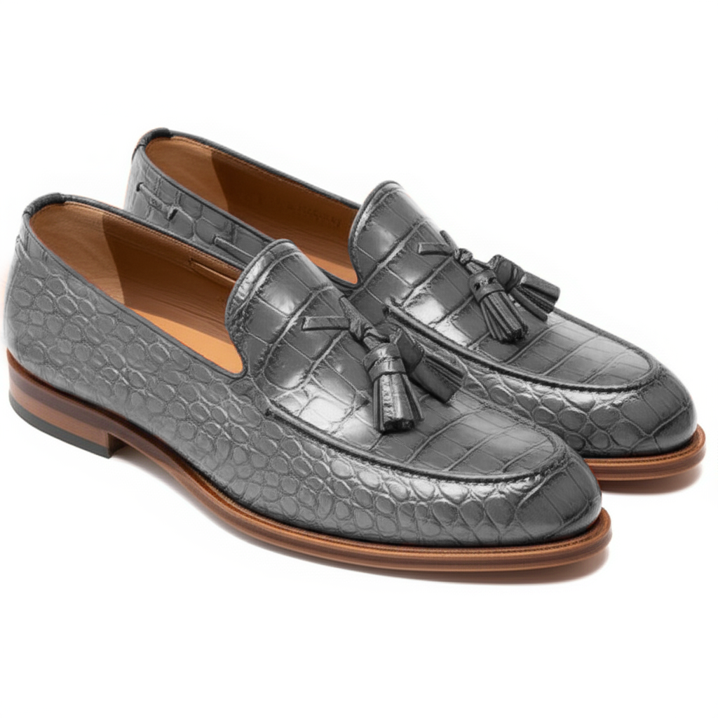 Grey Croc Print Leather Barbican Tassel Loafers – Costoso Italiano