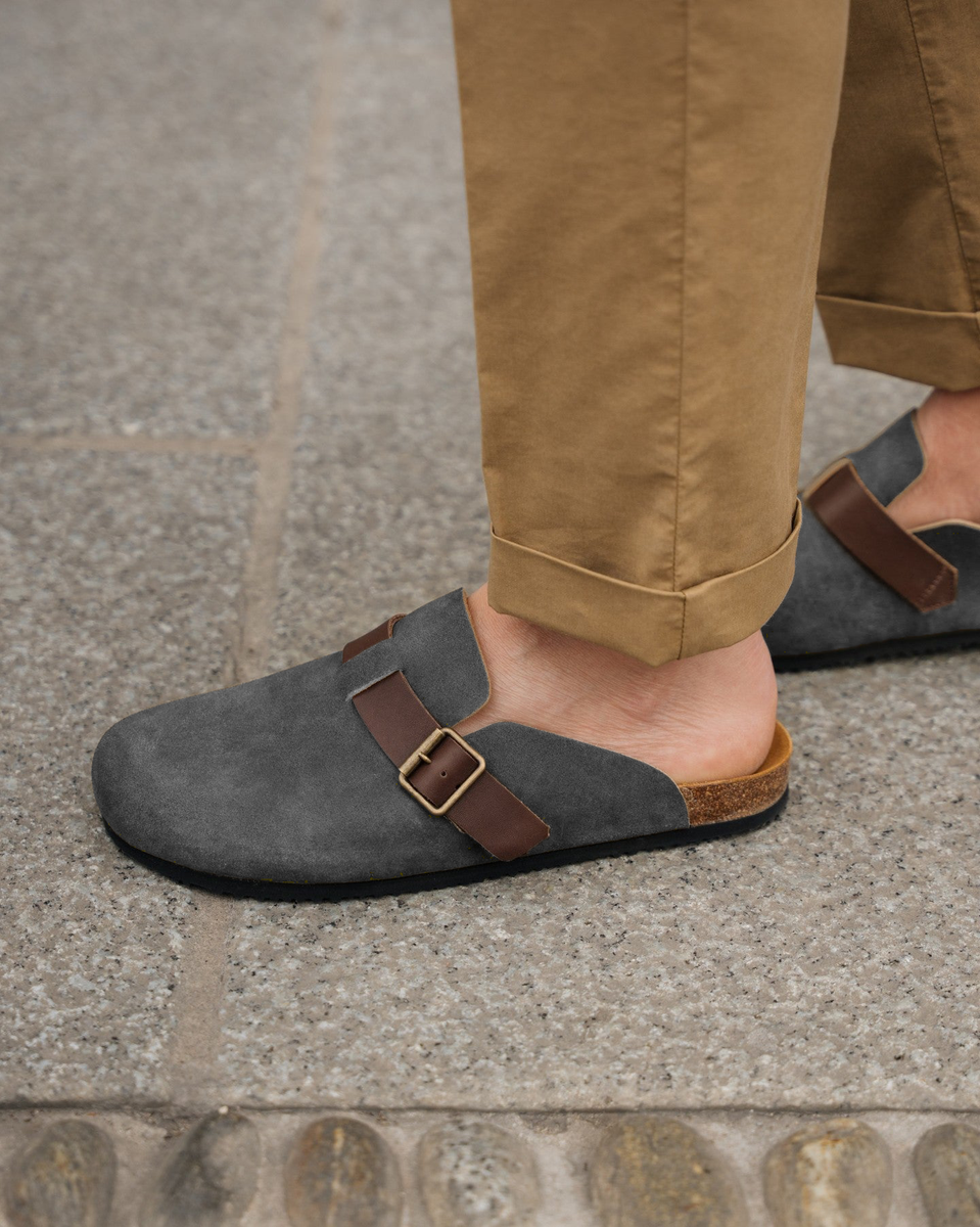 Grey Suede Leather Pedestal Platforms Clogs - Summer 2024 Collection ...