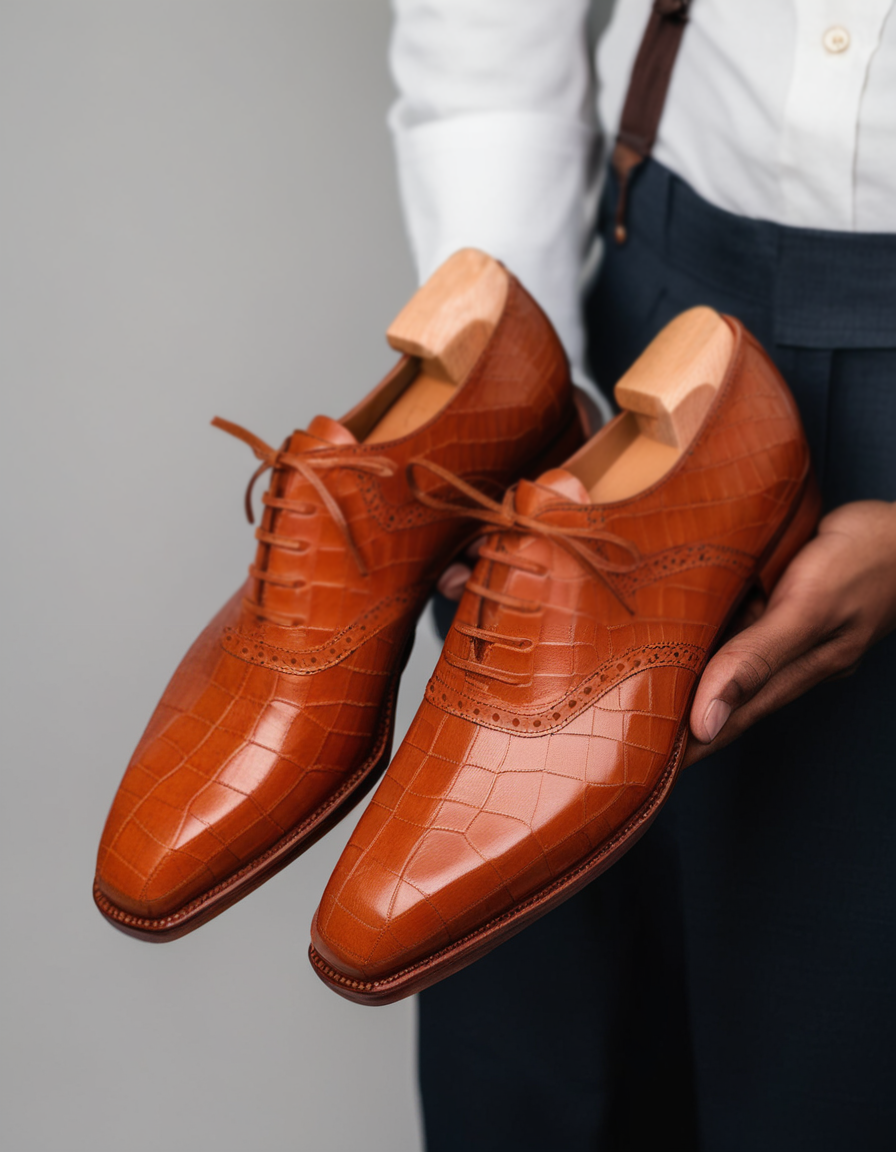 Tan Croc Print Leather Kratio Brogue Oxfords - Formal Shoes – Costoso ...