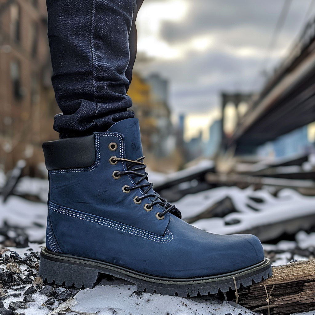 Blue Leather Allure Ankle Rugged Lace Up Combat Hiking Boots with Chun ...