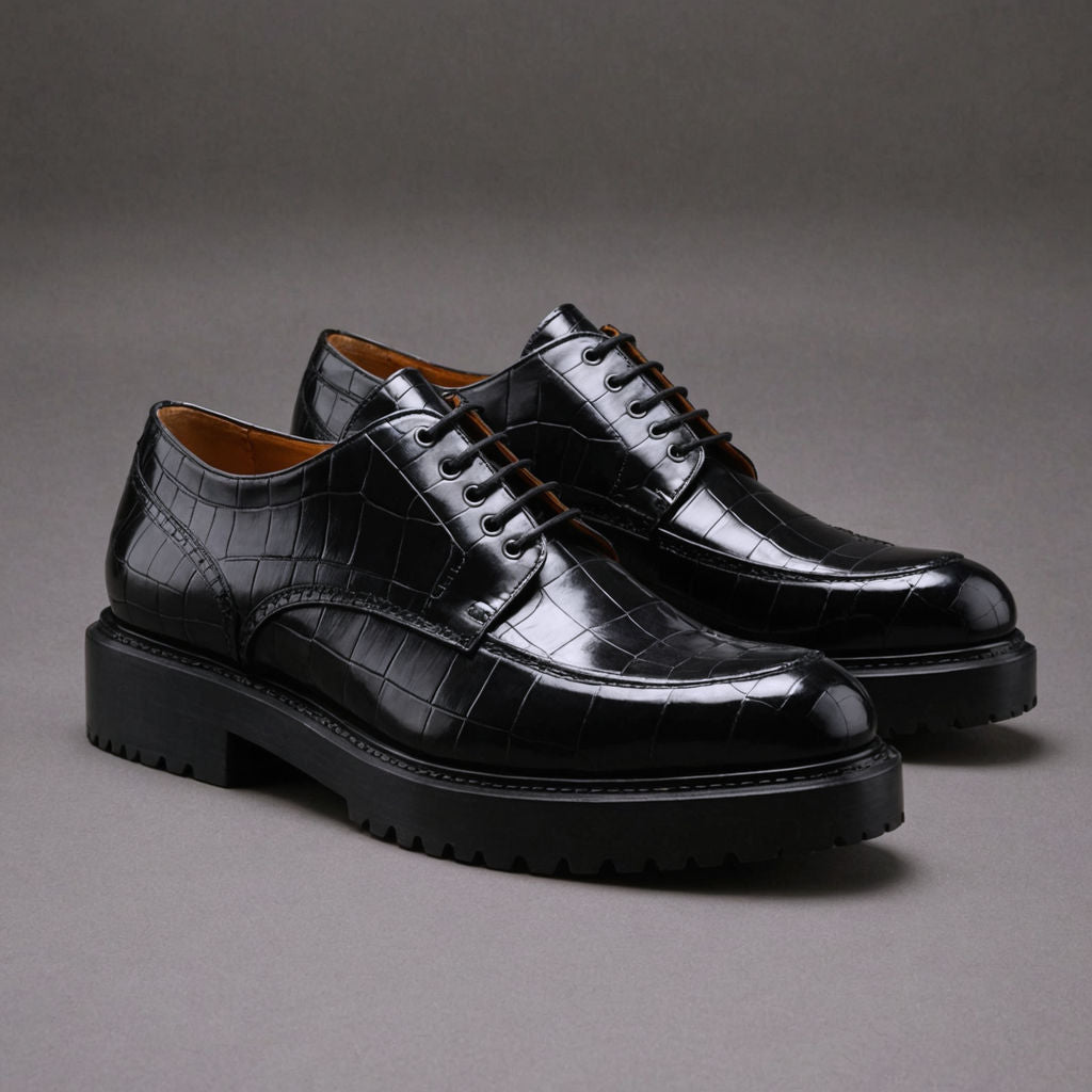 Black Croc Print Leather Orion Chunky Derby Shoes - SS23 – Costoso Italiano