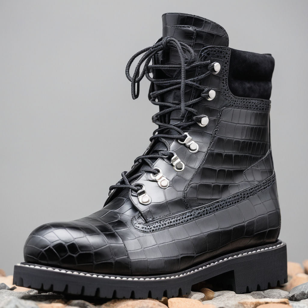 Black Croc Print Leather Abbraccio Mid Calf Rugged Lace Up Combat Hiki ...