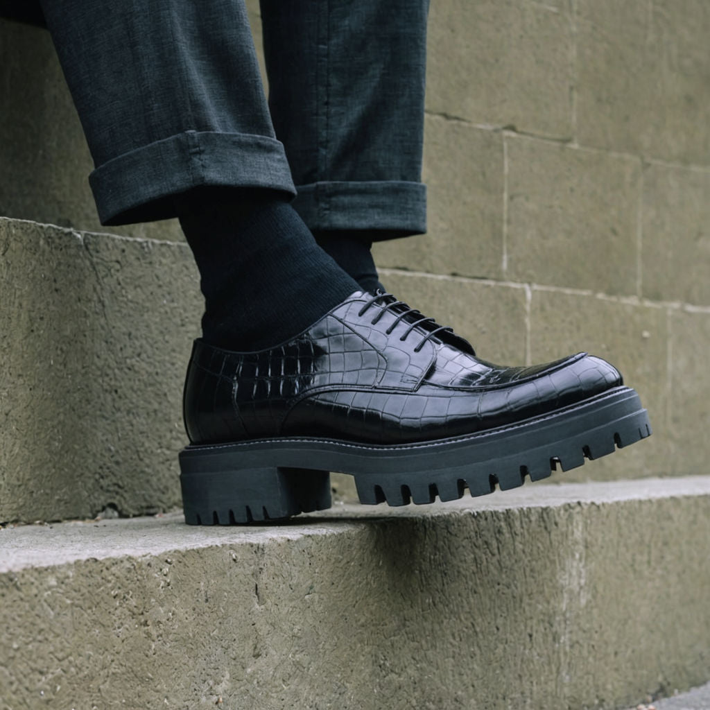 Black Croc Print Leather Eros Chunky Derby Shoes - AW24 – Costoso Italiano