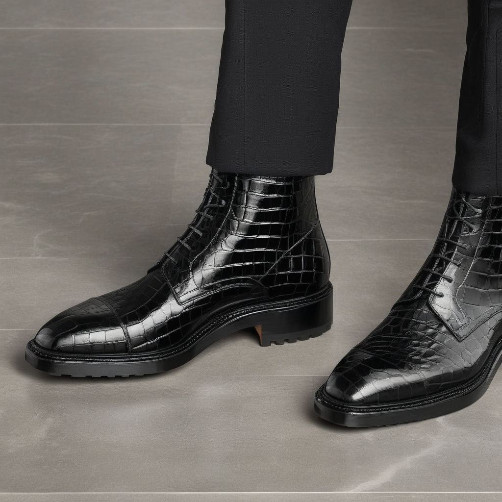 Black Croc Print Leather Likech Lace Up Combat Boots -AW24 – Costoso ...