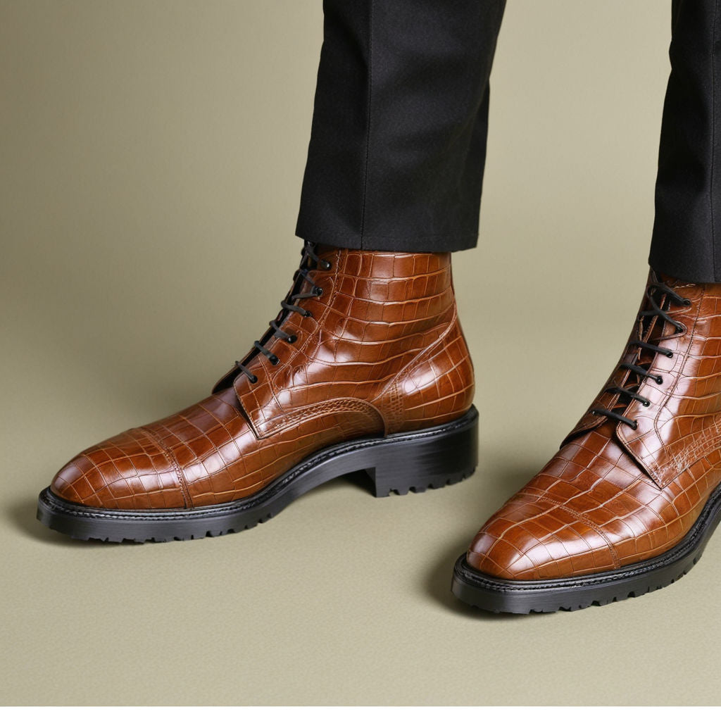 Brown Croc Print Leather Likech Lace Up Combat Boots -AW24 – Costoso ...