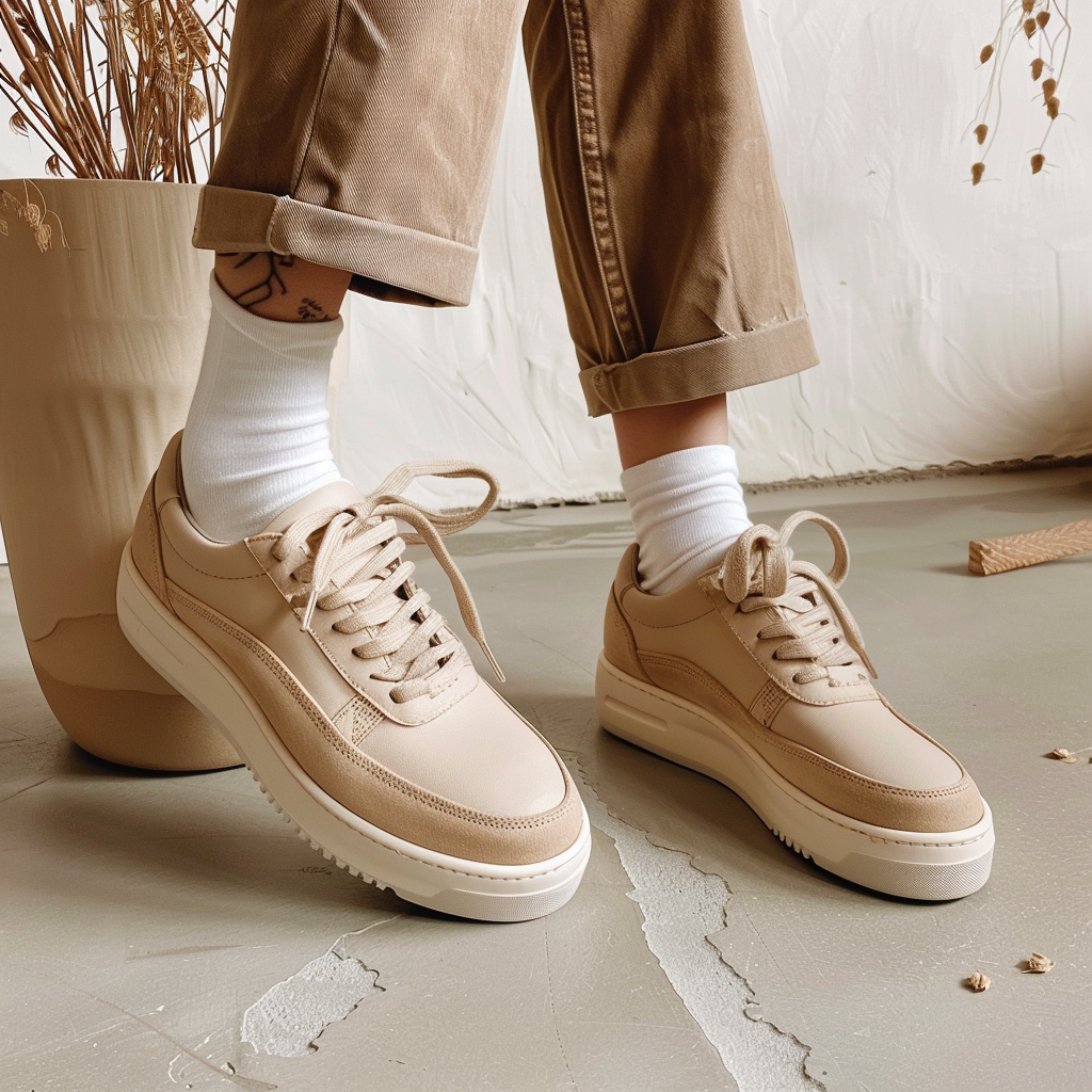 Beige Leather Sage Slip Lace-Up Sneaker with Off-White Sole - Summer 2 ...