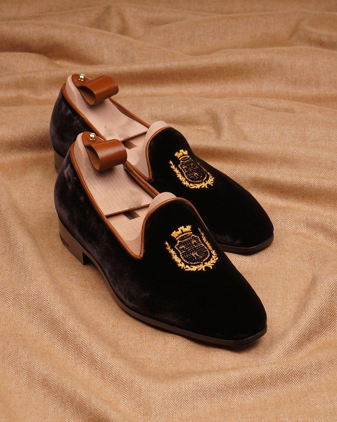 Brown Velvet Shield Embroidered Loafers – Costoso Italiano
