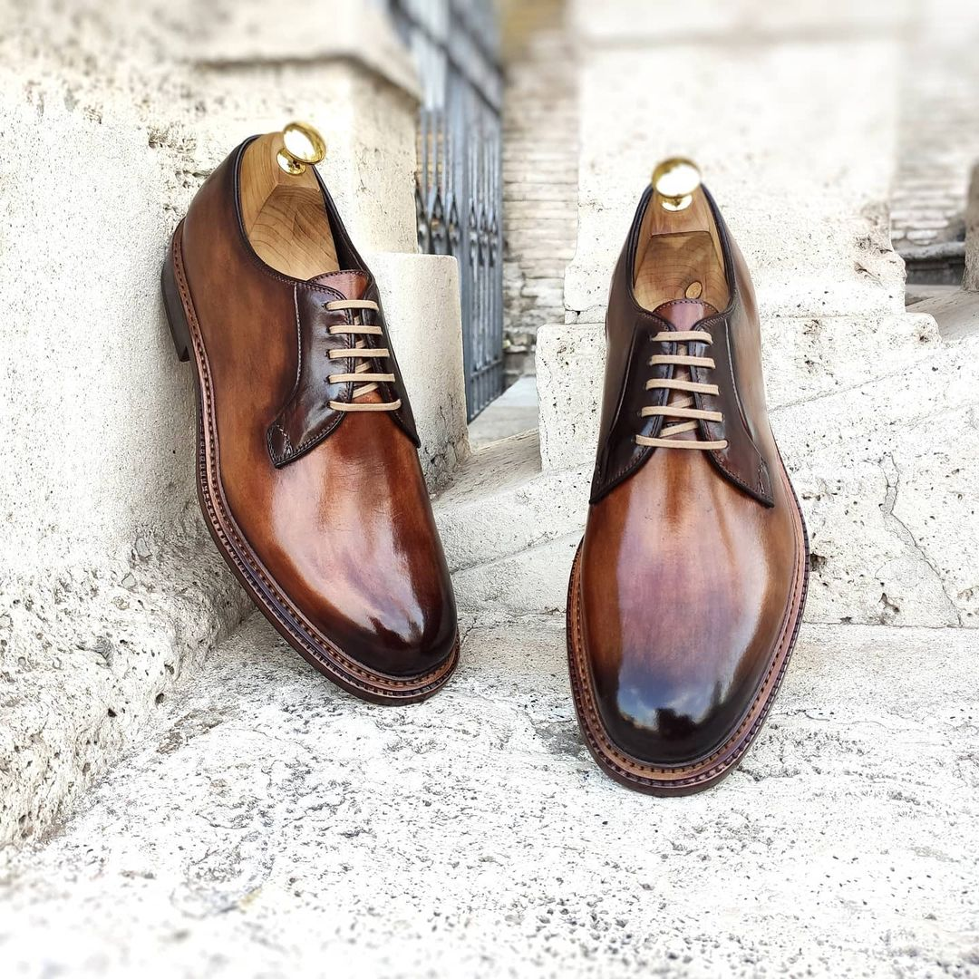 Tan Leather Bermejo Derby Shoes with Beige Laces – Costoso Italiano