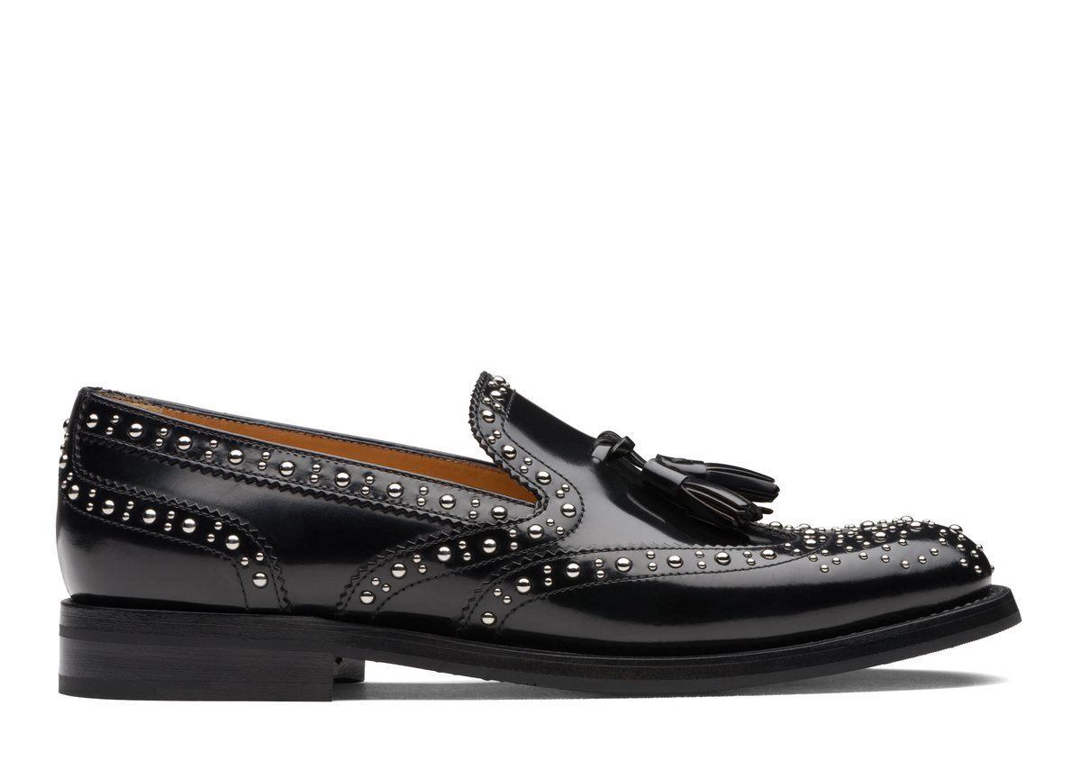 Black Leather Spike Studded Atsabe Wingtip Slip On Tassel Loafers ...