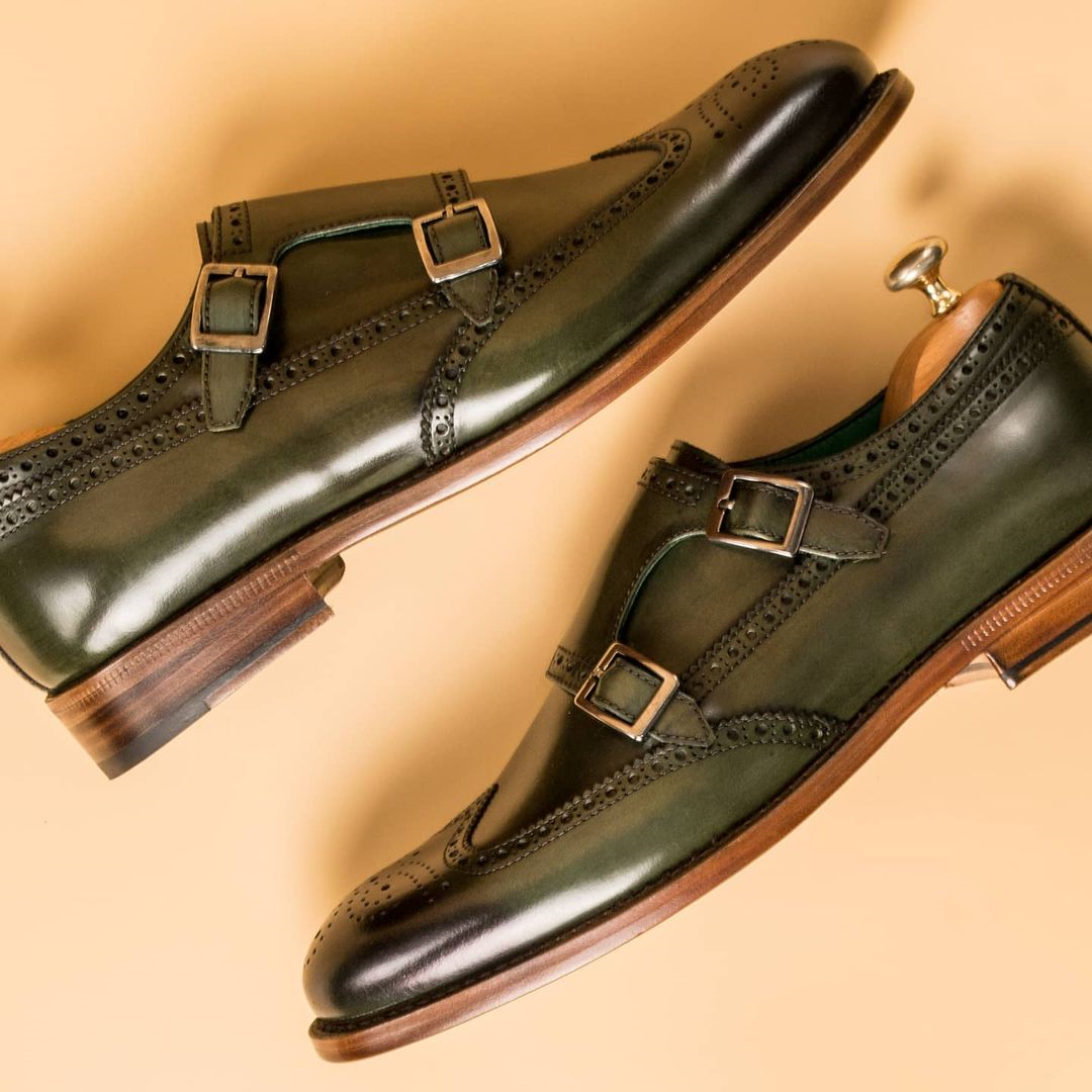 Green Leather Arbon Brogue Toe Cap Double Monk Straps – Costoso Italiano